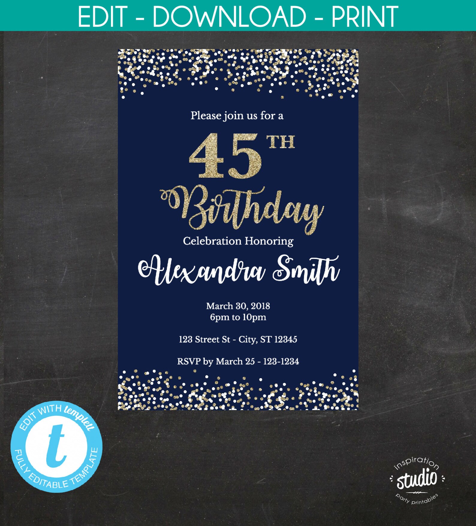 45th Birthday Invitation Template 45th Birthday Invite Blue - Etsy