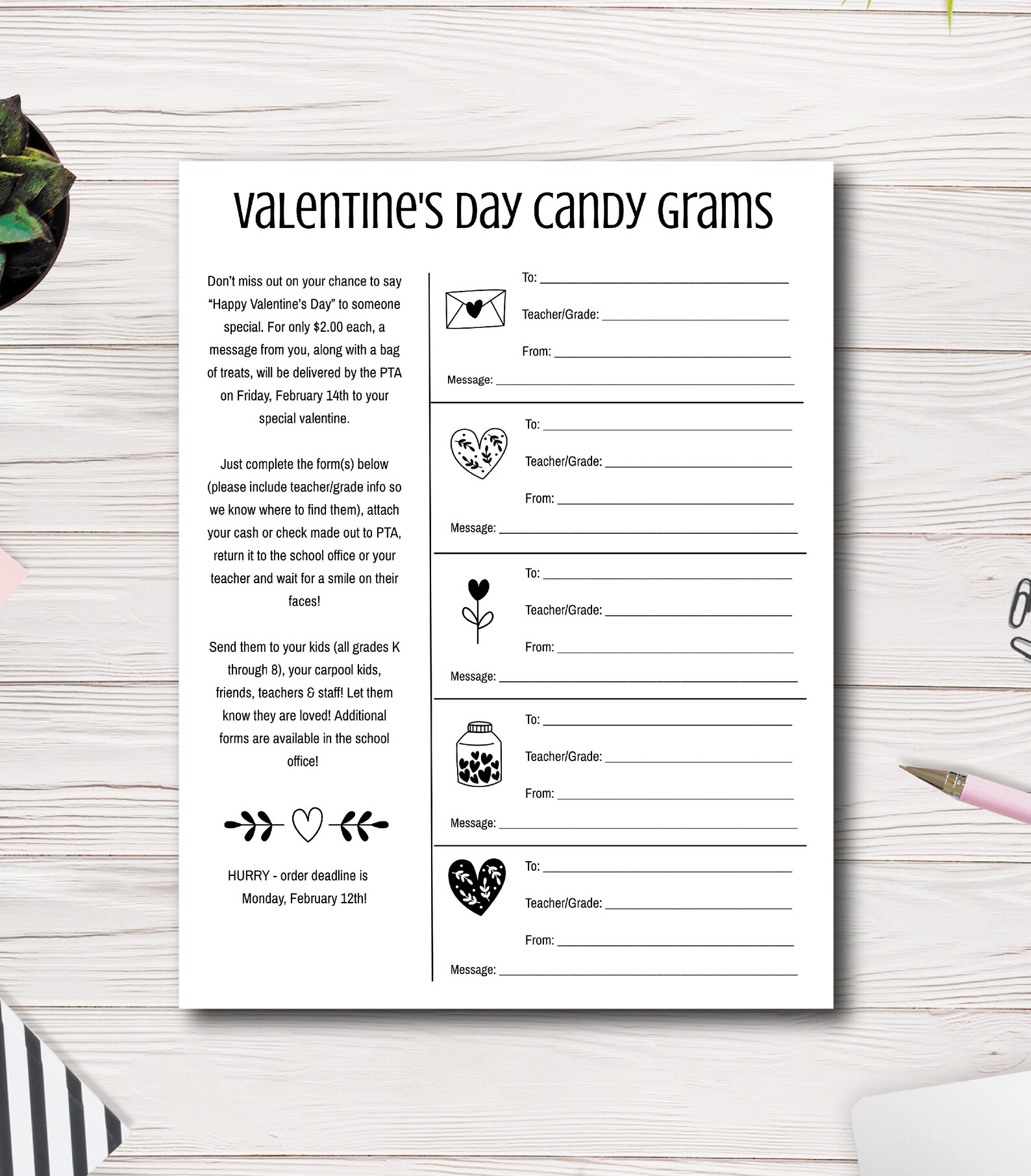 Valentine's Day Candy Gram Flyer Template for Schools - Etsy