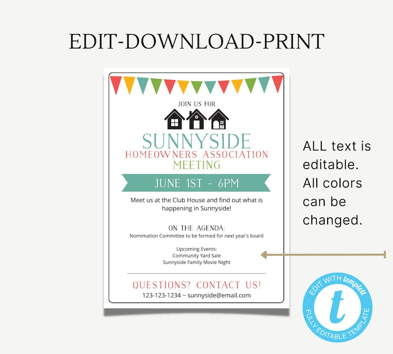 HOA Meeting Announcement Flyer Template, Homeowners Association Meeting ...
