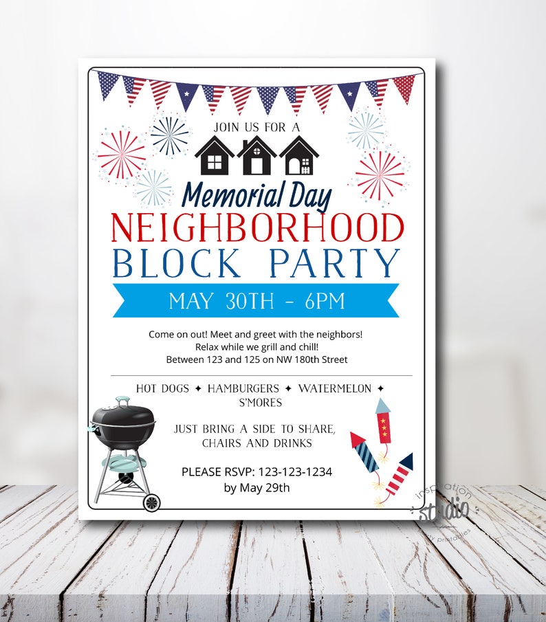Memorial Day Neighborhood Block Party Flyer Summer Backyard | Etsy