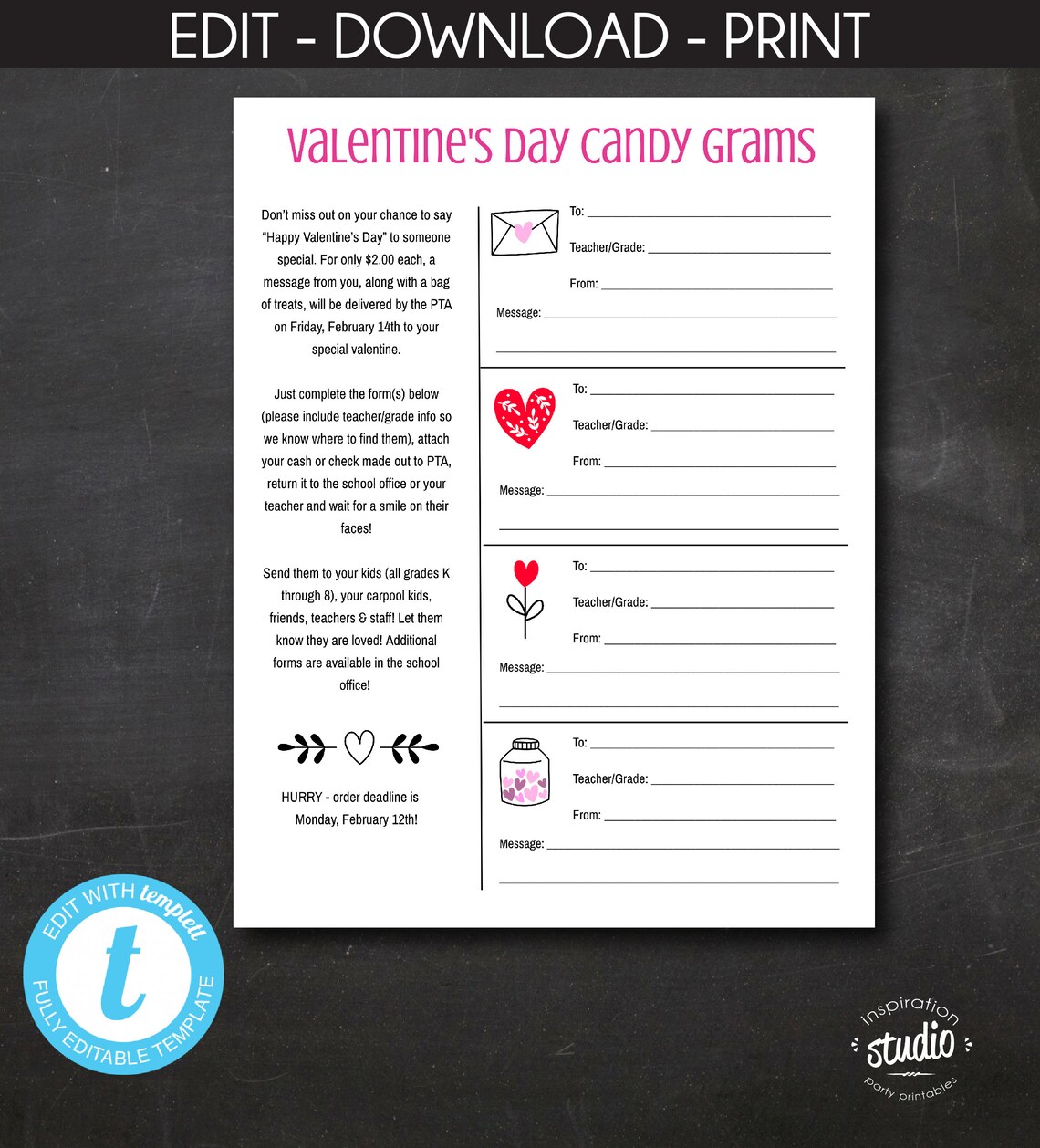 Valentine's Day Candy Gram Flyer Template for Schools - Etsy