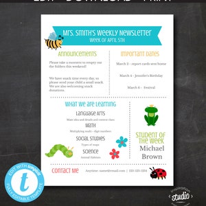 Editable Weekly Teacher Newsletter Template | Bugs and Critters ...