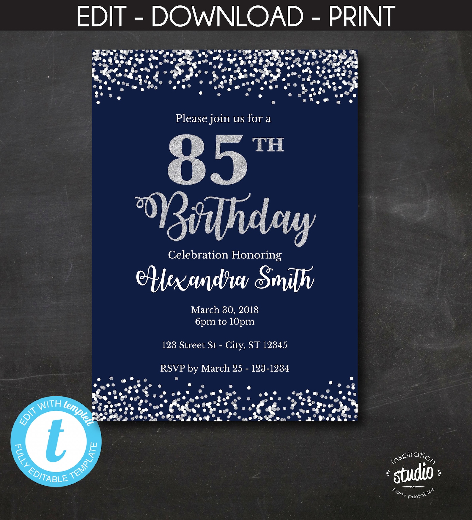 85th Birthday Invitation Template: Blue Glitter (digital) - Etsy