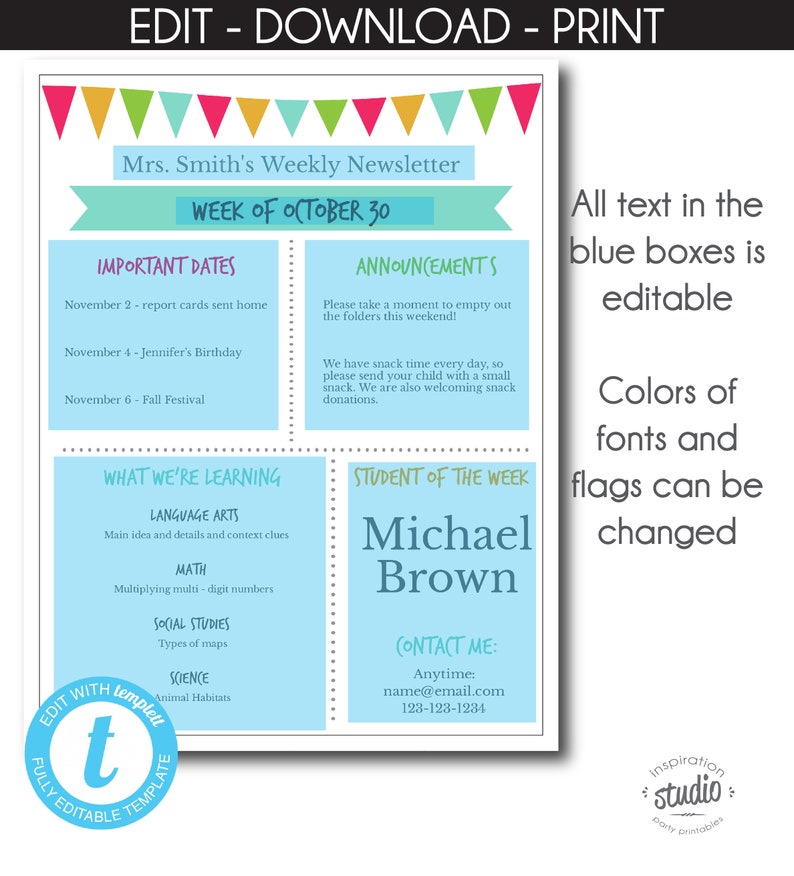 Editable Weekly Teacher Newsletter Template Pick Any Colors - Etsy