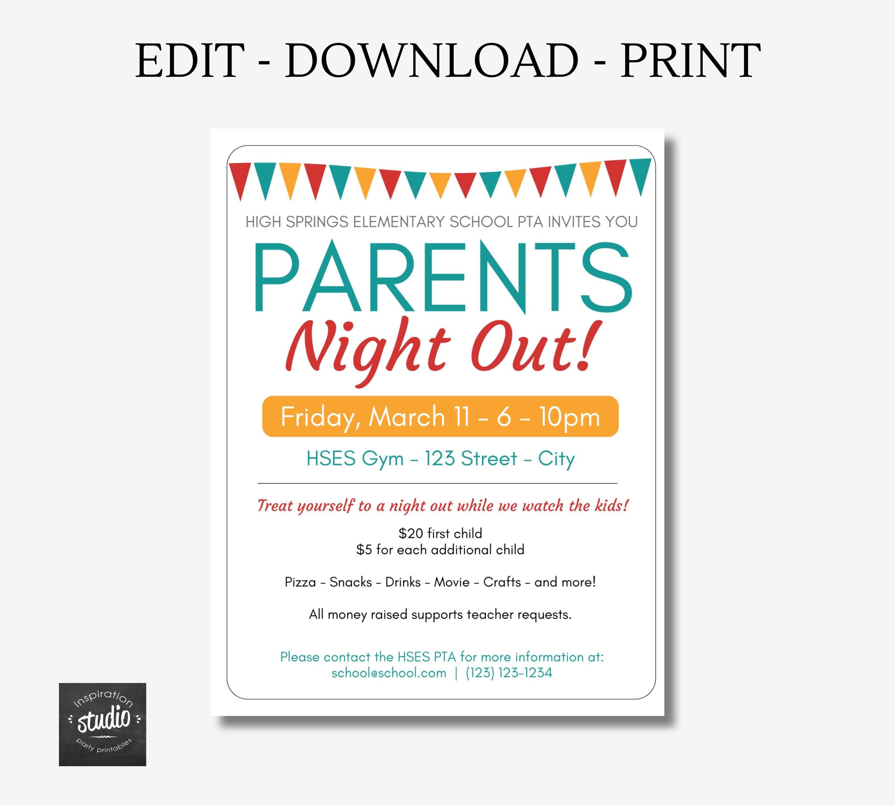 Parents Night Out Flyer | Editable Canva Template for Babysitting and ...
