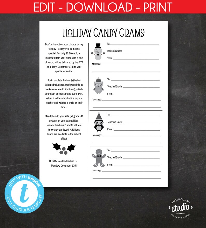 Holiday Candy Gram Flyer Template Christmas Candy Grams - Etsy