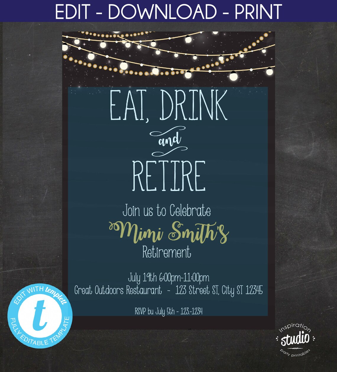 Eat, Drink and Retire Invite Template | Retirement Party Invitation ...