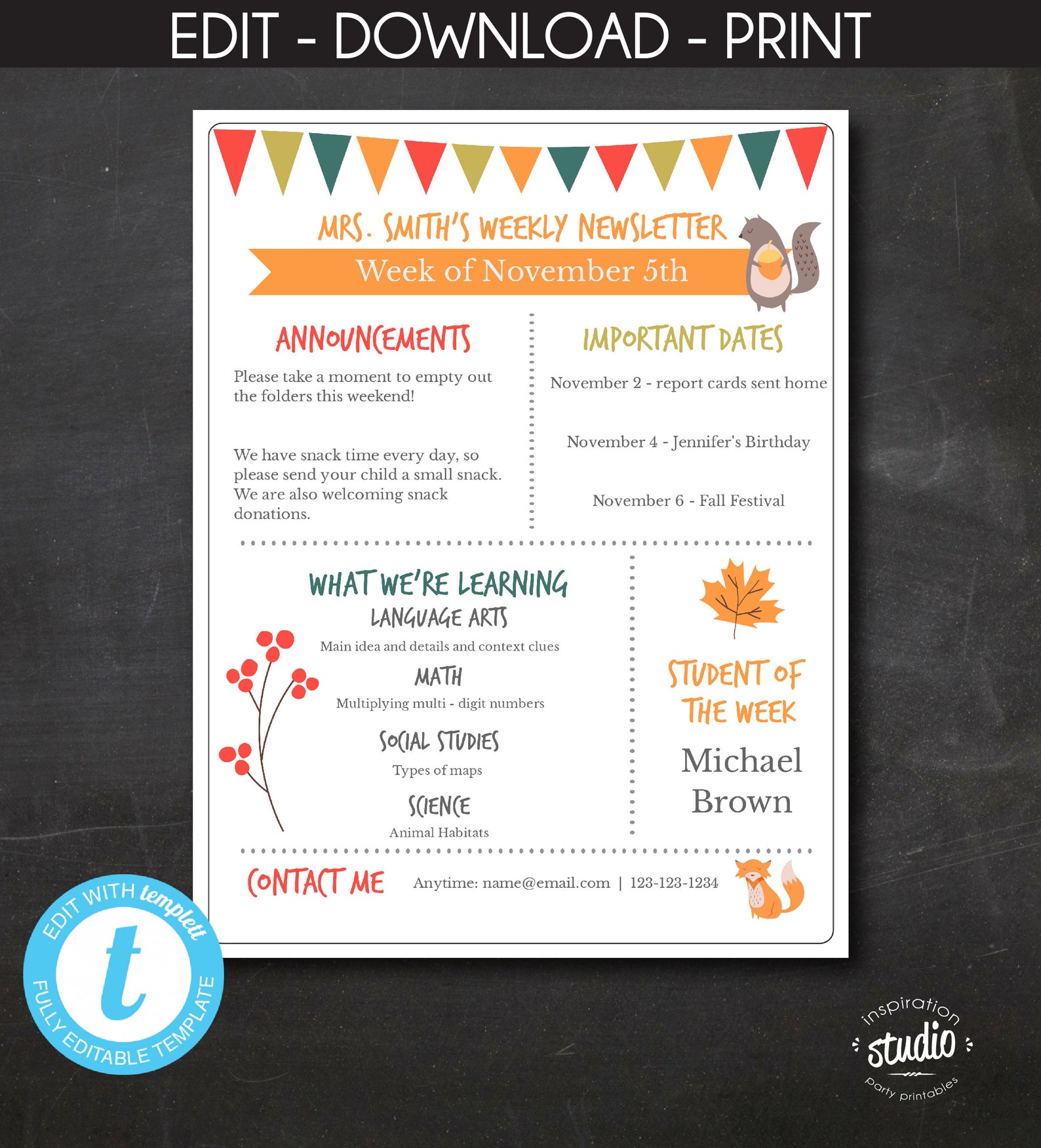 Editable Fall Weekly Teacher Newsletter Template Notes to - Etsy