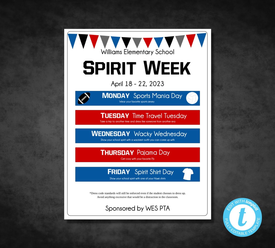 School Spirit Week Flyer Template | School Spirit Week Schedule | PTA ...