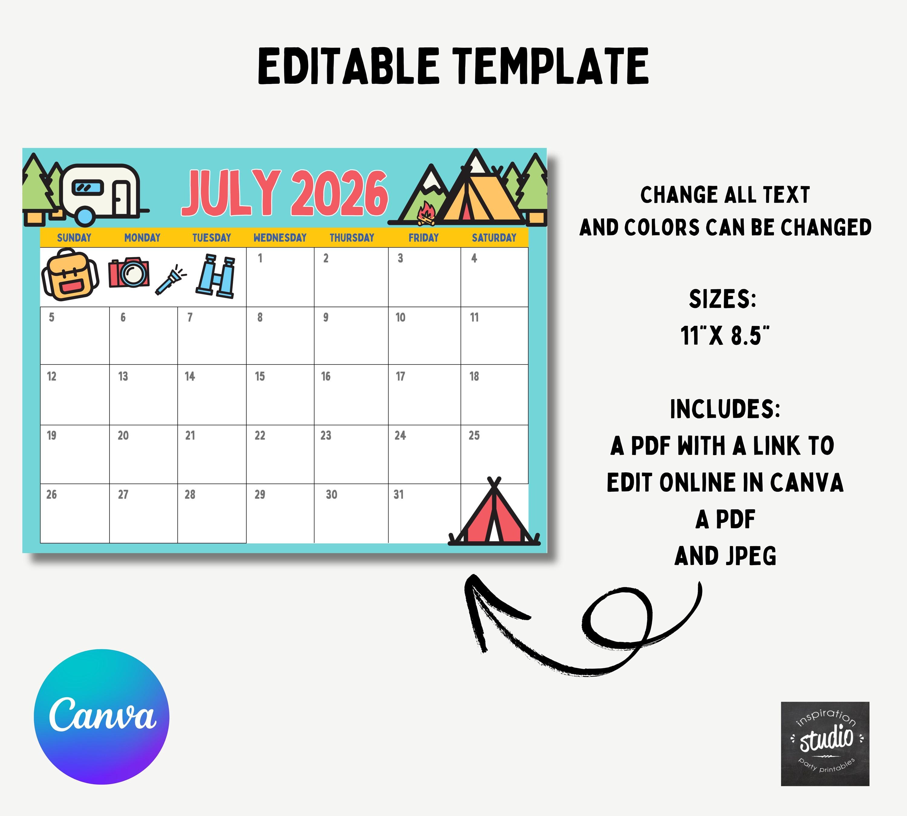 July 2026 Calendar | Editable Canva Template Camping Adventure Monthly ...