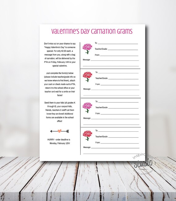 Valentine's Day Carnation Gram Flyer Template, For Schools, Church ...