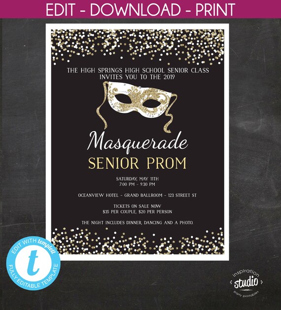 Masquerade Prom, Senior Prom, Junior Prom, Flyer Template, Edit ...