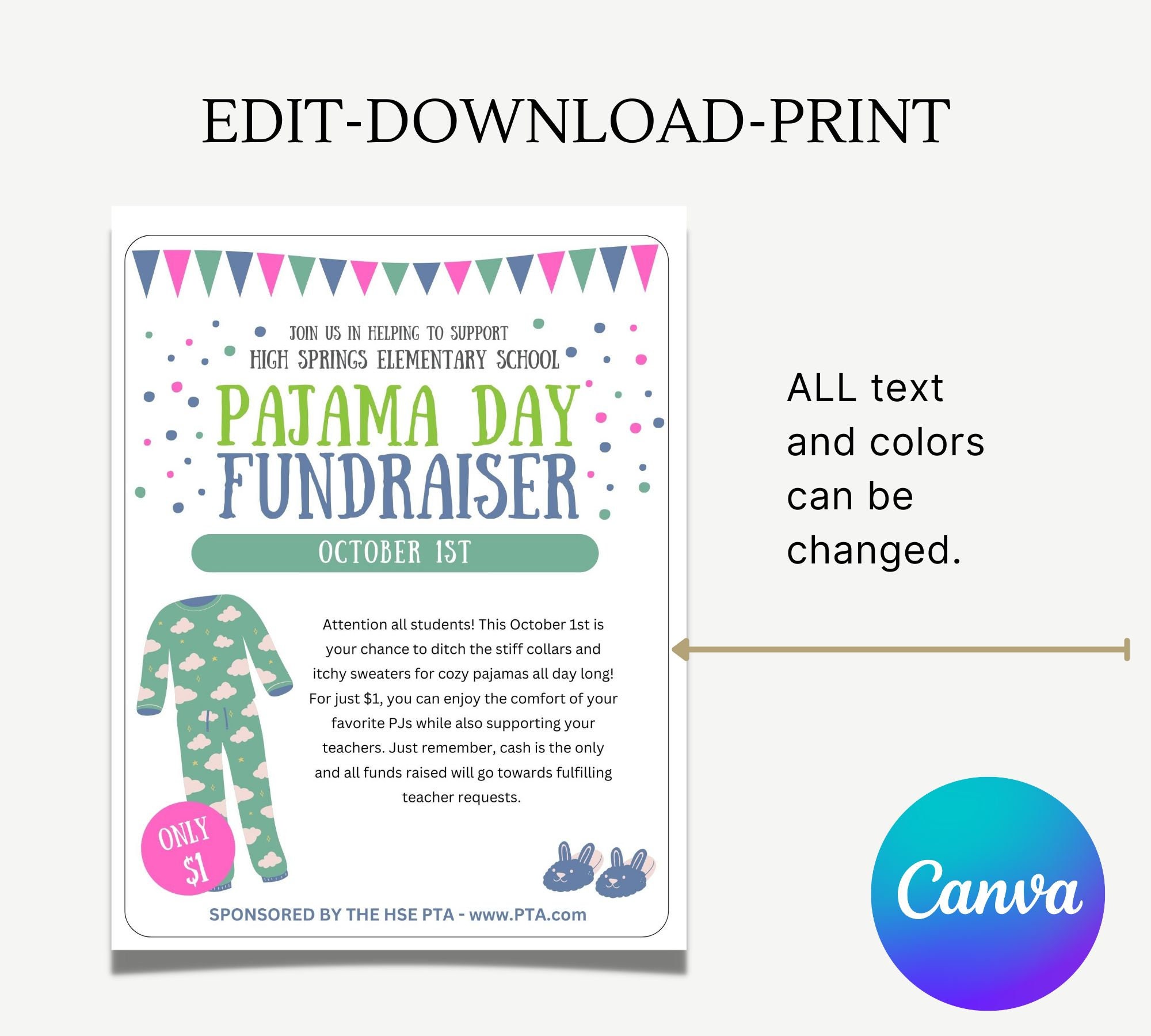 Pajama Day Fundraiser Flyer Template, School Fundraiser Flyer, PTA, PTO ...