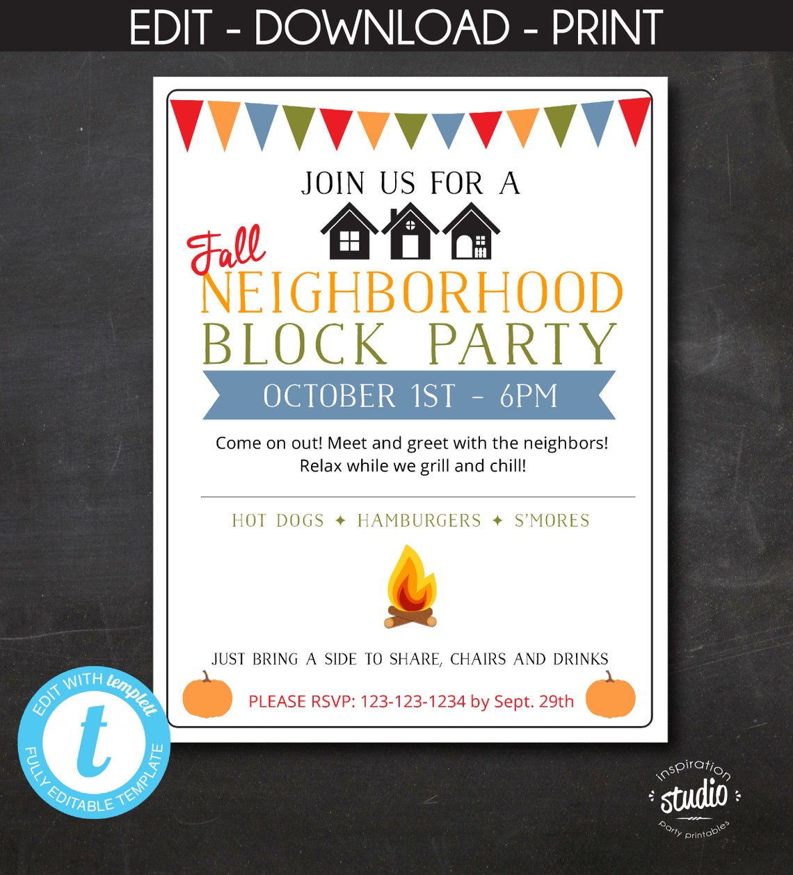 Fall Neighborhood Block Party Flyer Template, Fall Backyard Party ...