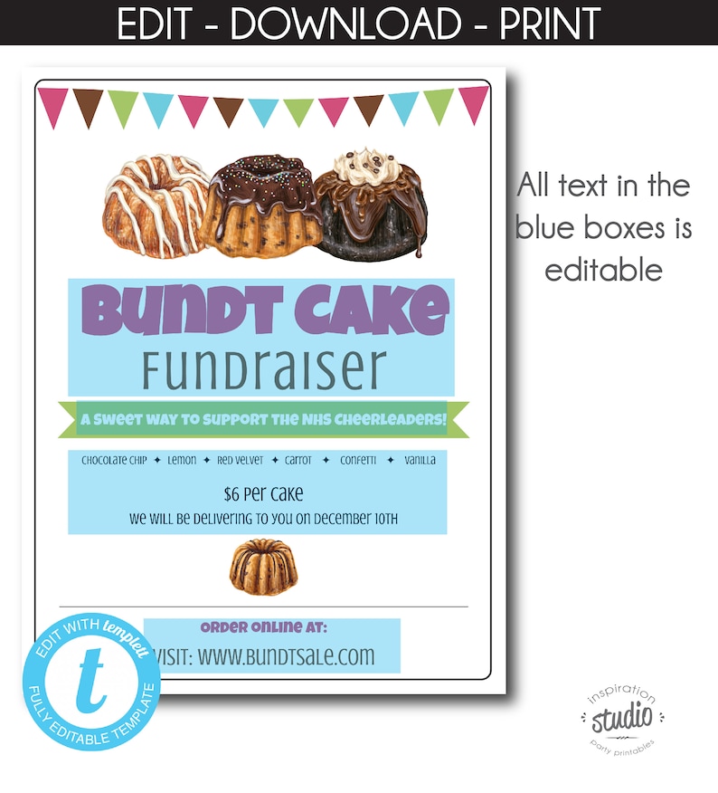 Bundt Cake Sale Fundraiser Flyer Template | School Bake Sale Fundraiser ...