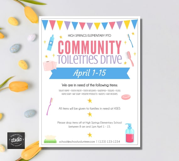 Community Toiletries Drive Flyer Template, PTA, PTO, Toiletry Drive ...