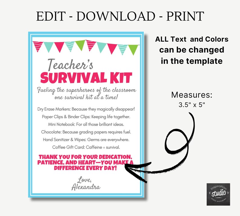 Editable Teachers Survival Kit Tag | Printable Gift Tag | Teacher ...