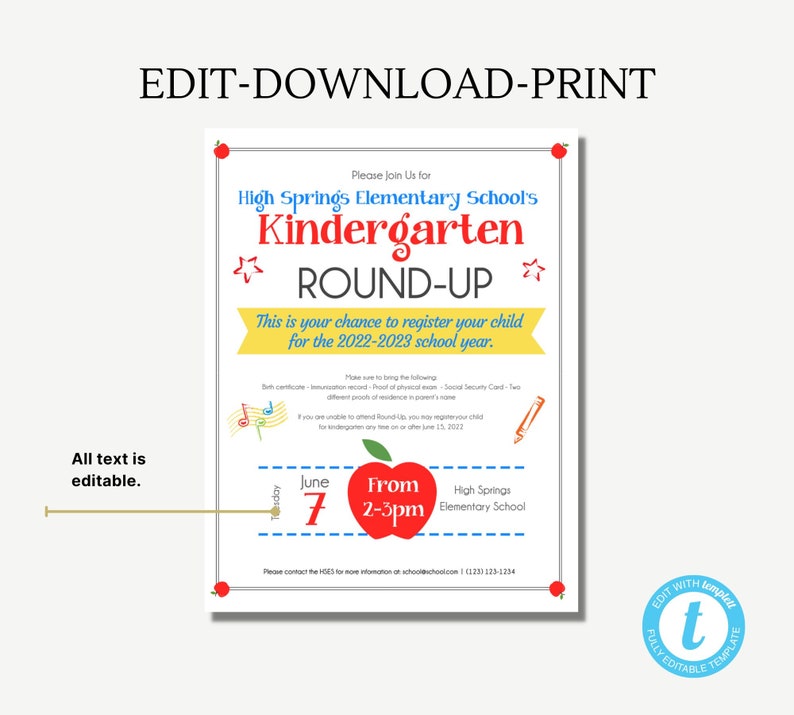 Kindergarten Round-up Event Flyer Template | School Enrollment Flyer ...