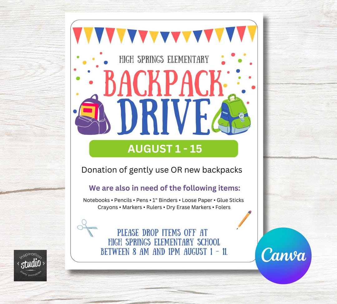 Backpack Drive Flyer Template for School Events Easy Edit Canva Design ...