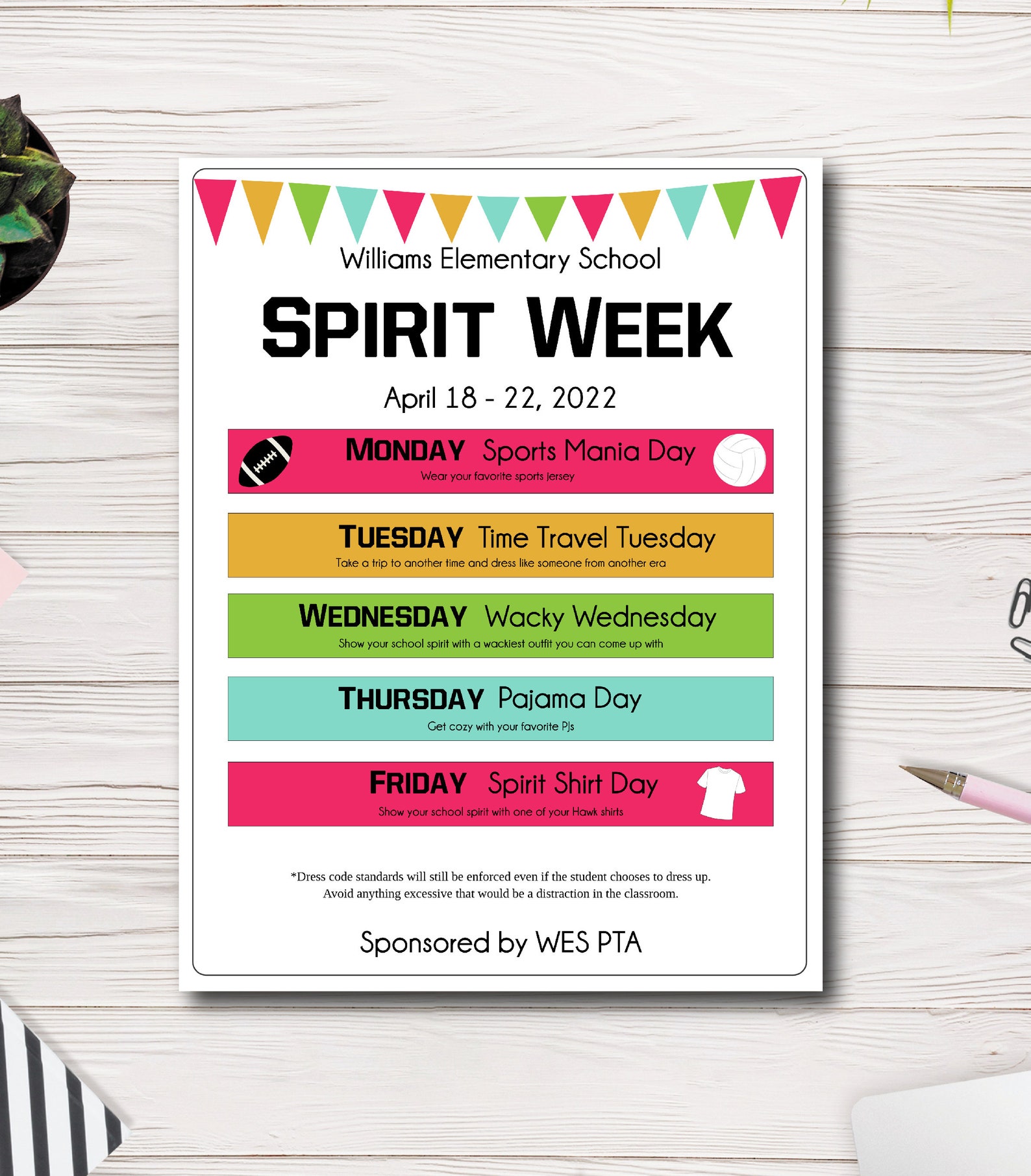 School Spirit Week Flyer Template, School Spirit Week Schedule, PTA ...