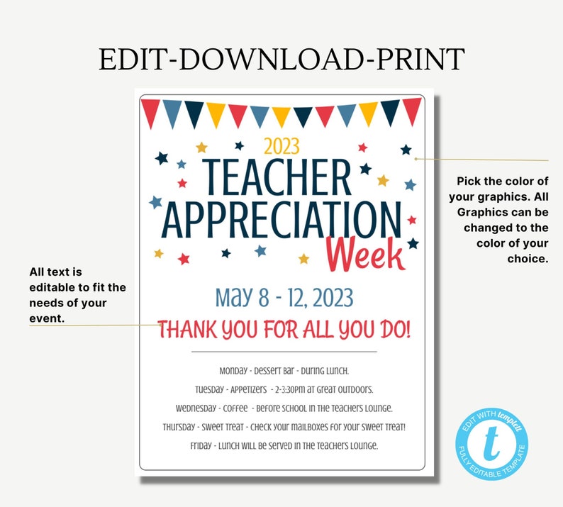 Teacher Appreciation Week Flyer Template Elementary Teacher - Etsy