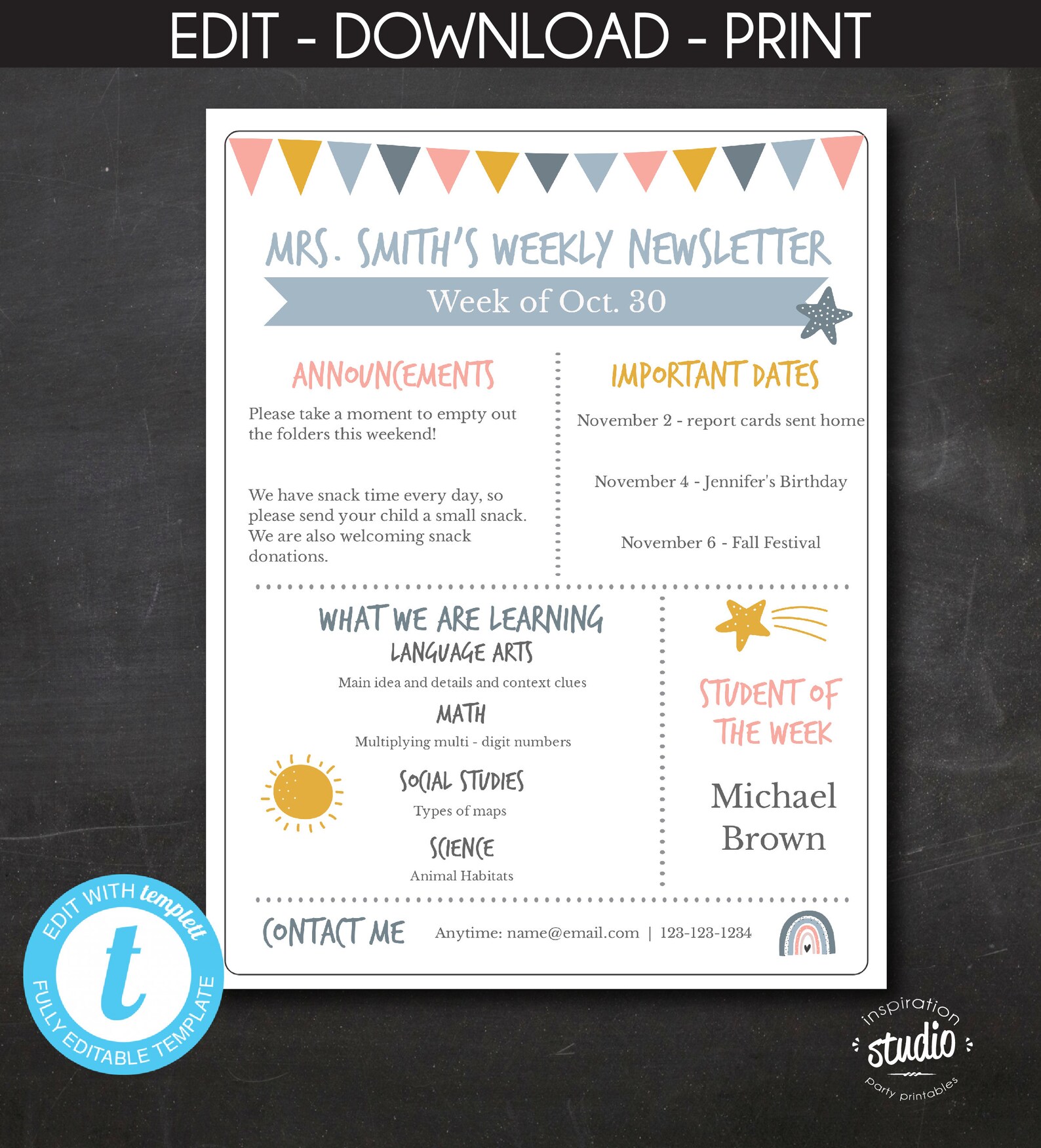 Editable Weekly Teacher Newsletter Template, Notes to Parents Template ...