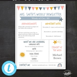 Editable Weekly Teacher Newsletter Template, Notes to Parents Template ...