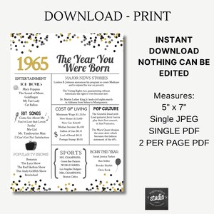 1965 60th Birthday Table Card | the Year You Were Born | 60th Birthday ...