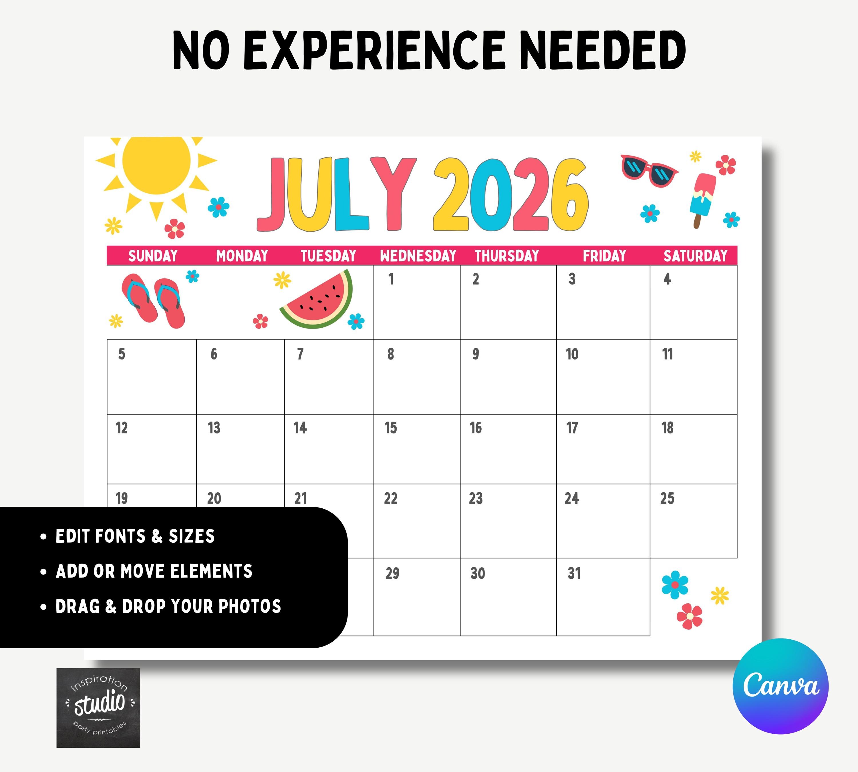 July 2026 Monthly Calendar | Editable Canva Template for Summer ...