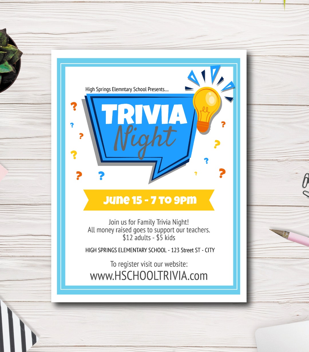 Editable Trivia Night Event Flyer Template for Fundraisers Game Night ...