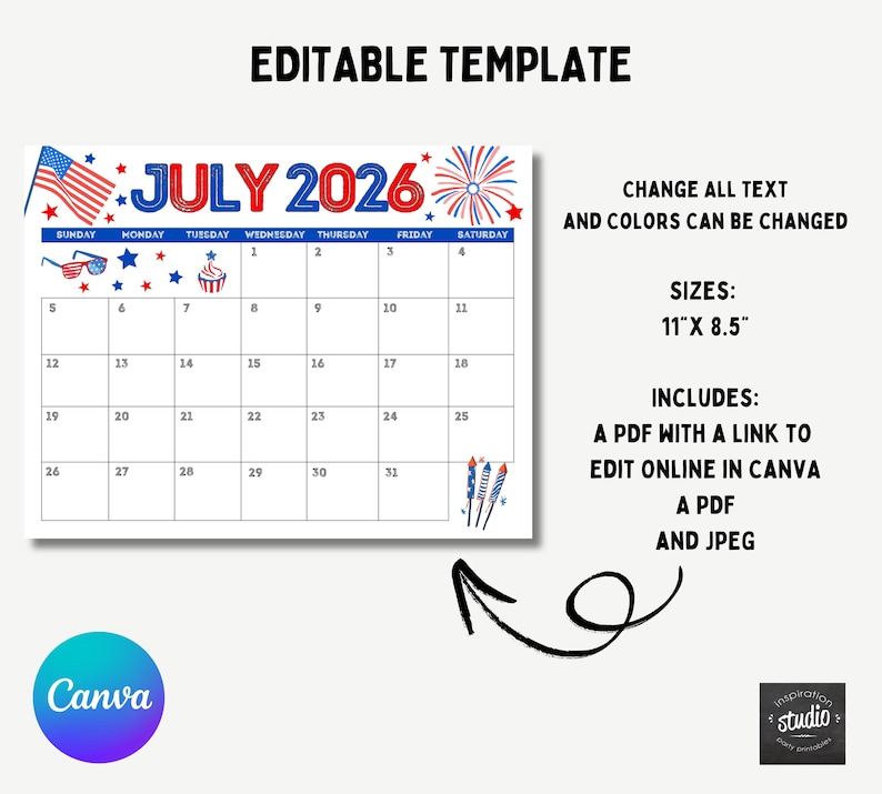 July 2026 Calendar | Editable Canva Template Fourth of July Patriotic ...