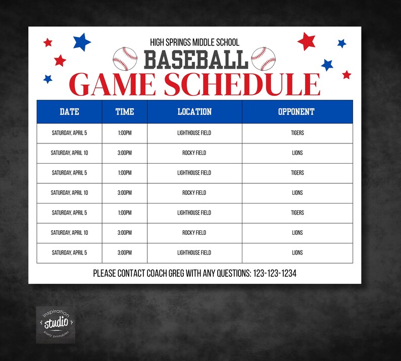 Baseball Schedule Template for Teams | Game Schedule | Editable ...