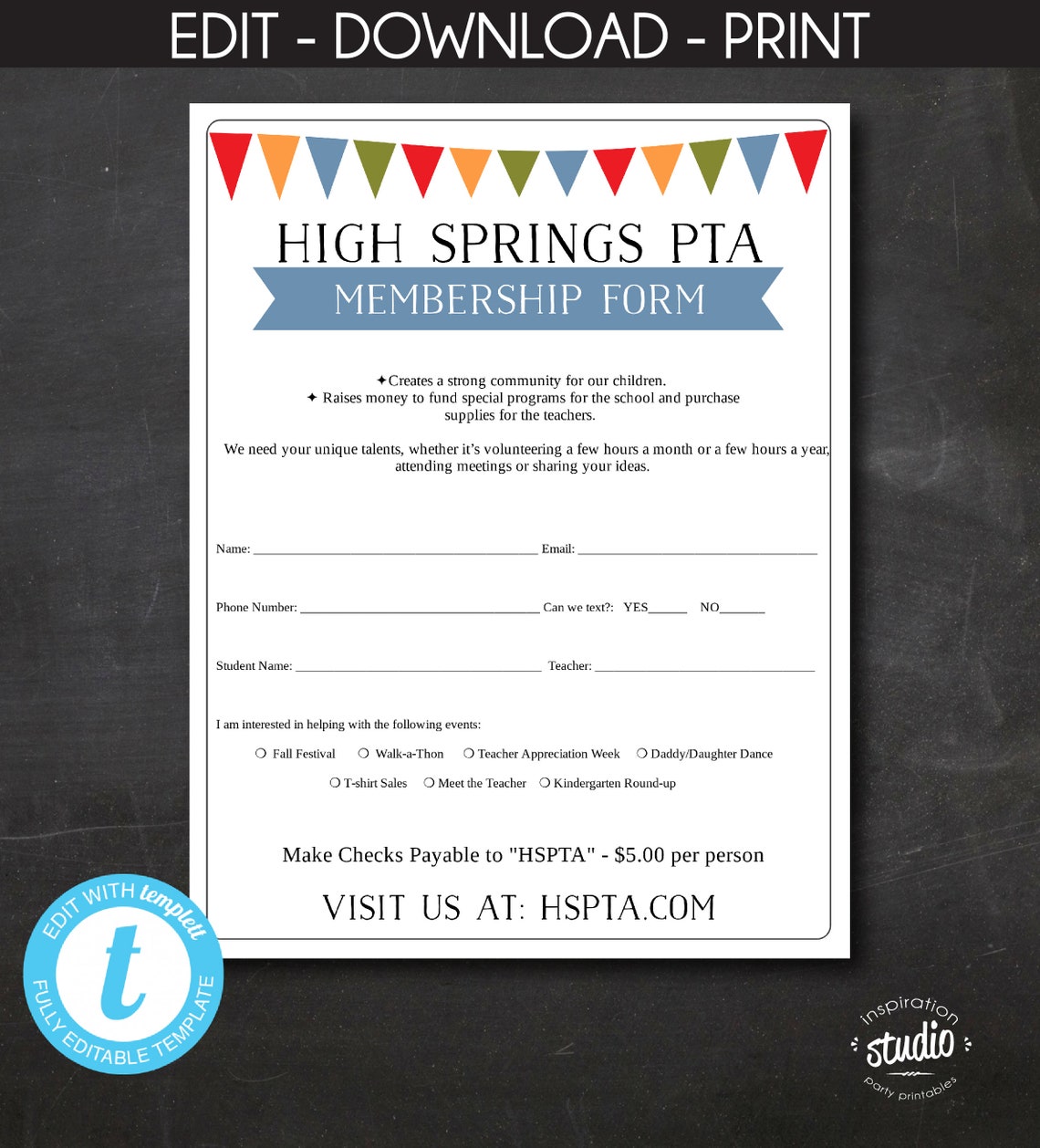 Membership Form PTA PTSA PTO Printable Template Pta - Etsy
