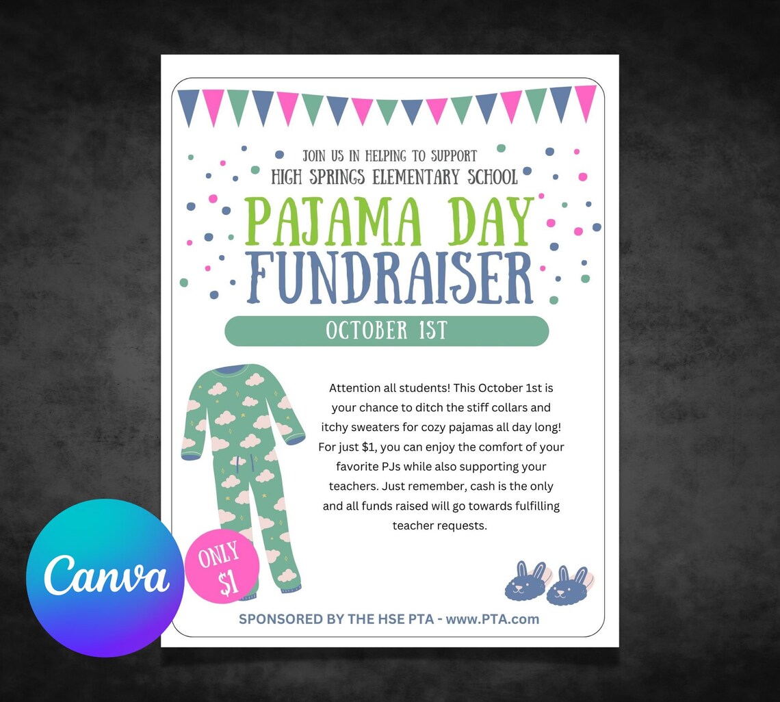 Pajama Day Fundraiser Flyer Template, School Fundraiser Flyer, PTA, PTO ...