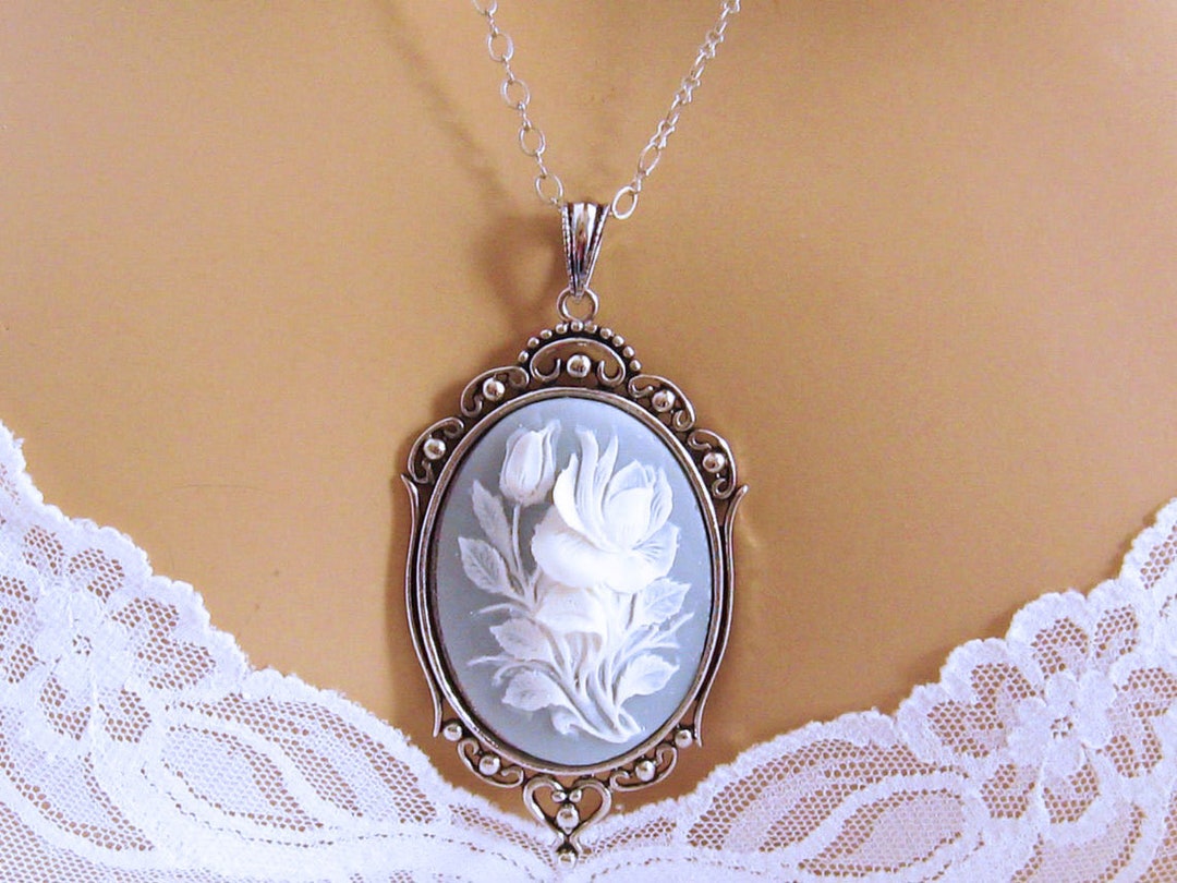 Flower Cameo Necklace, Victorian Black Cameo, Rose Blue Cameo Necklace ...