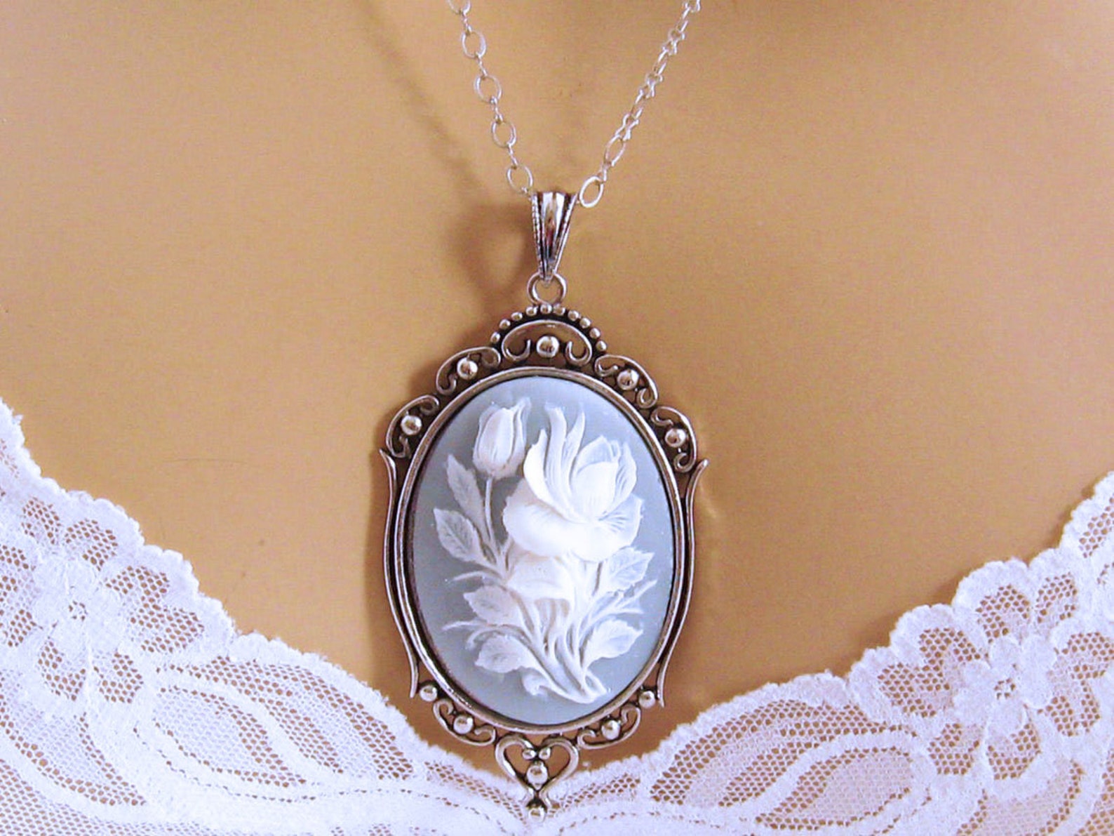 Flower Cameo Necklace Victorian Black Cameo Rose Blue Cameo - Etsy