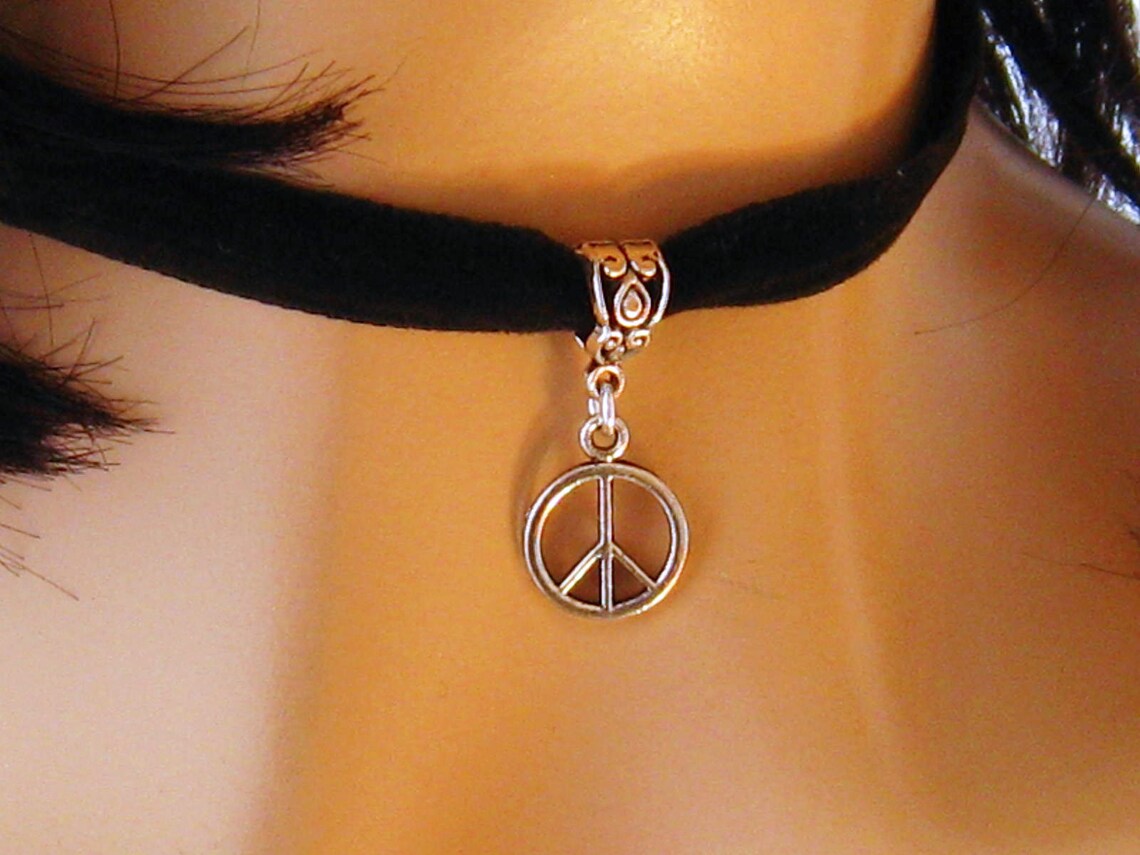 Black Choker Peace Sign Necklace Peace Necklace Silver Peace - Etsy