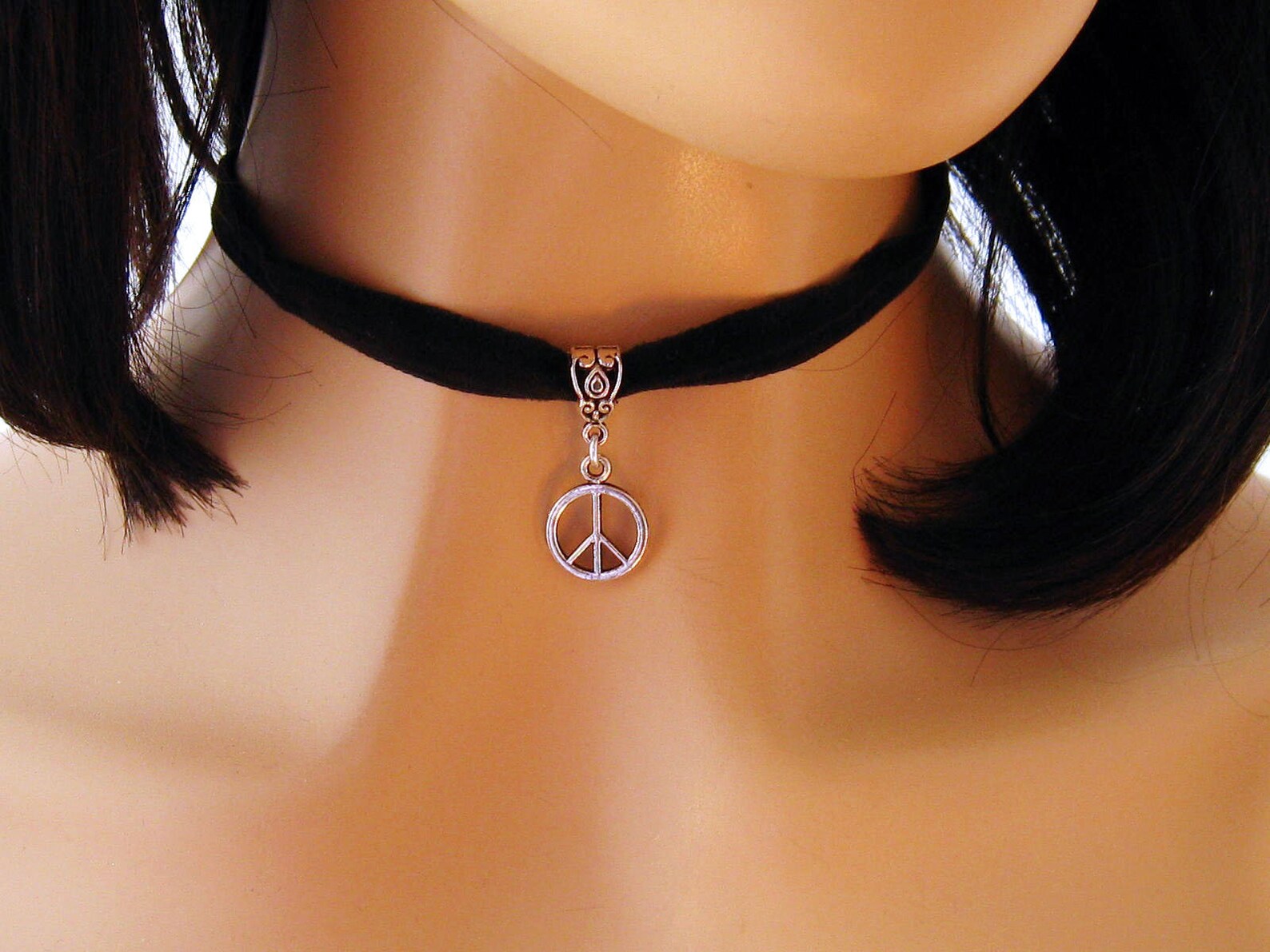Black Choker Peace Sign Necklace, Peace Necklace, Silver Peace Sign ...