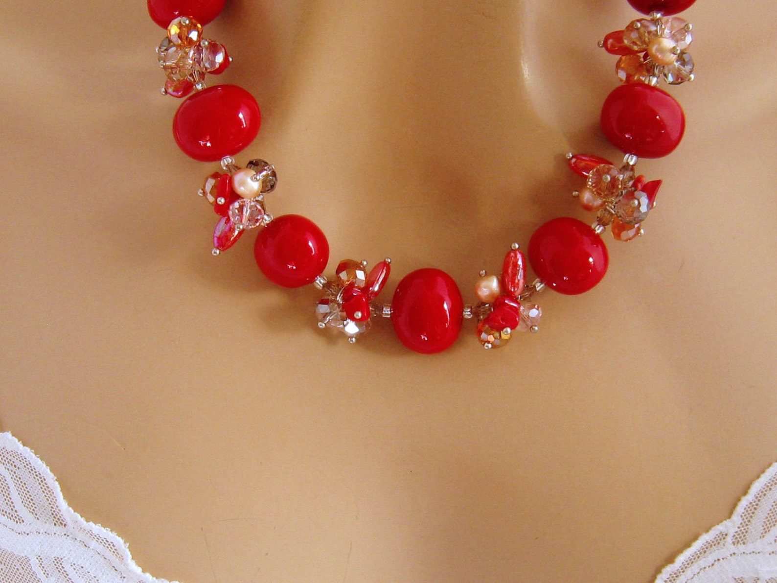 Red Statement Necklace and Earrings Set Red Special Occasion - Etsy