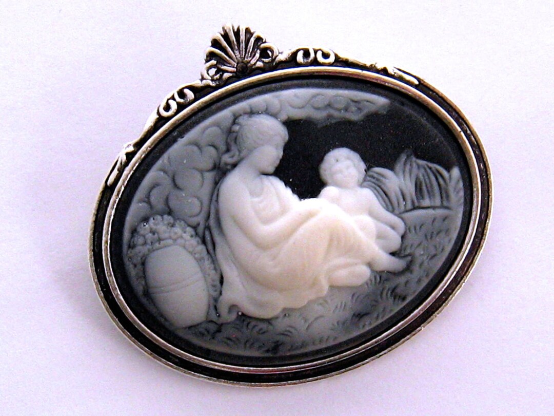 Mother Child Cameo Brooch, Mother Child Black Cameo Pin, Mother Child ...