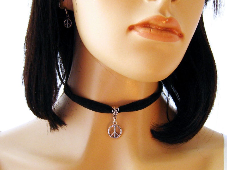 Black Choker Peace Sign Necklace, Peace Necklace, Silver Peace Sign ...