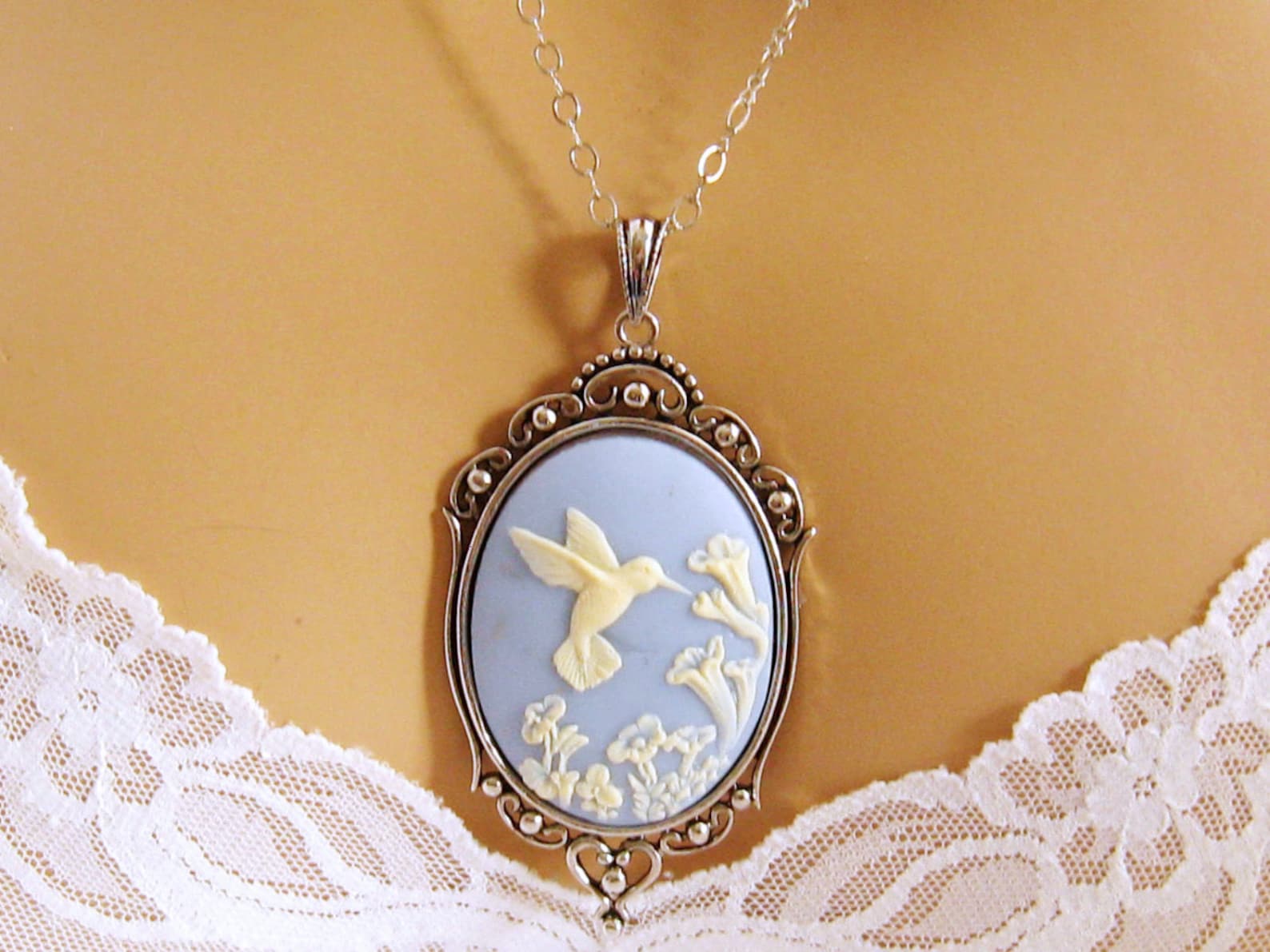 Blue Cameo: Victorian Hummingbird Blue Cameo Necklace, Antiqued Silver ...