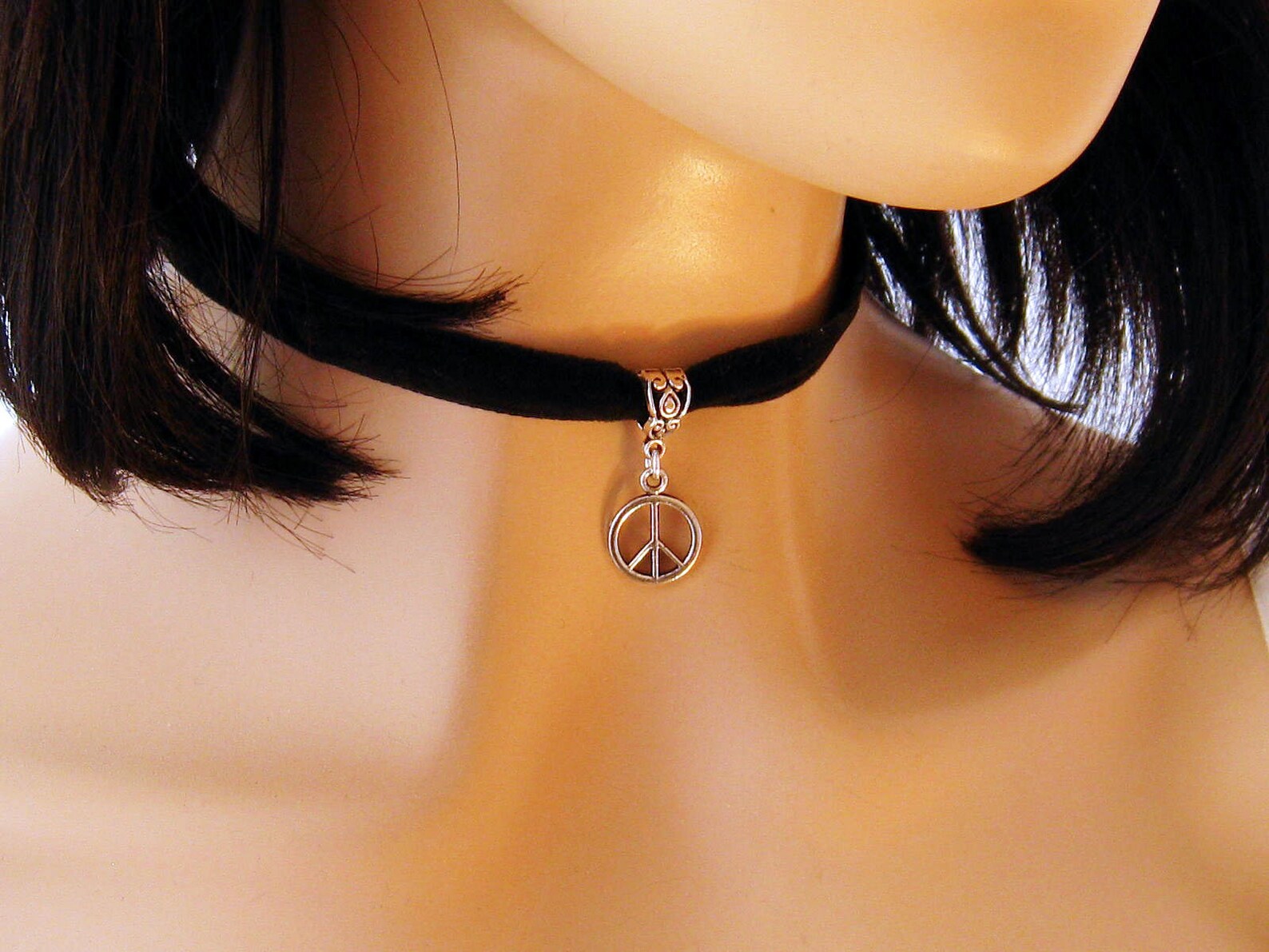 Black Choker Peace Sign Necklace, Peace Necklace, Silver Peace Sign ...