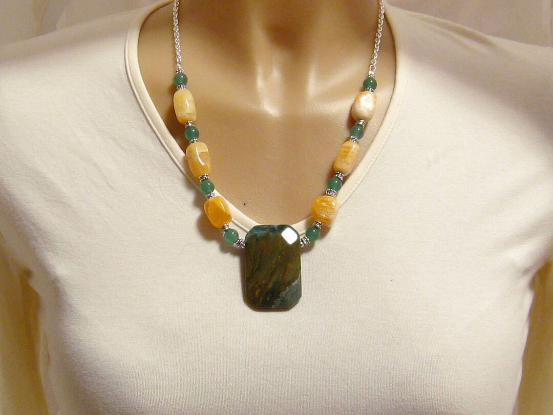 Yellow and Green Stone Statement Necklace, Stone Pendant Necklace, Chunky Stone Necklace, Stone ...