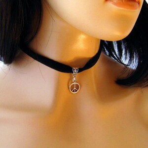 Black Choker Peace Sign Necklace, Peace Necklace, Silver Peace Sign ...