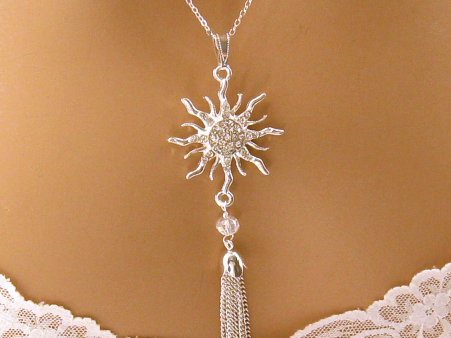 Long Silver Necklace Silver Tassel Necklace Pendant | Etsy