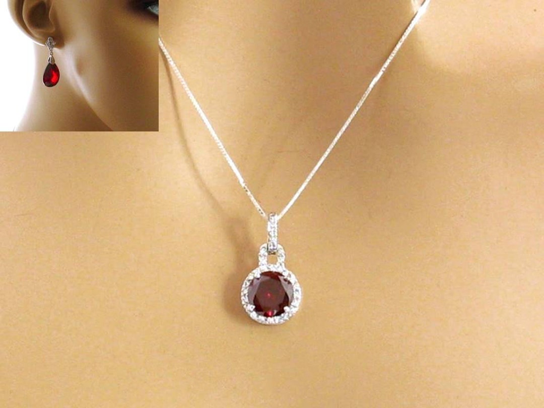 Ruby Red Jewelry Set, Cubic Zirconia Pendant Necklace and Earrings ...