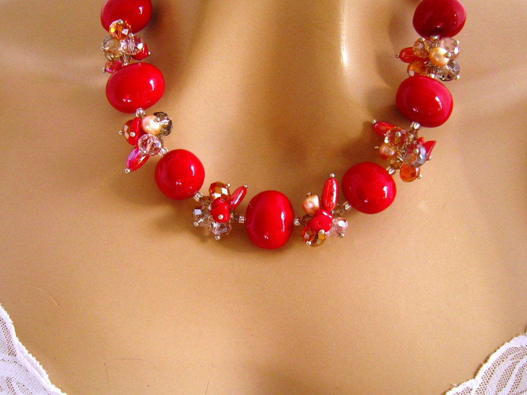 Red Statement Necklace and Earrings Set, Red Special Occasion Jewelry ...