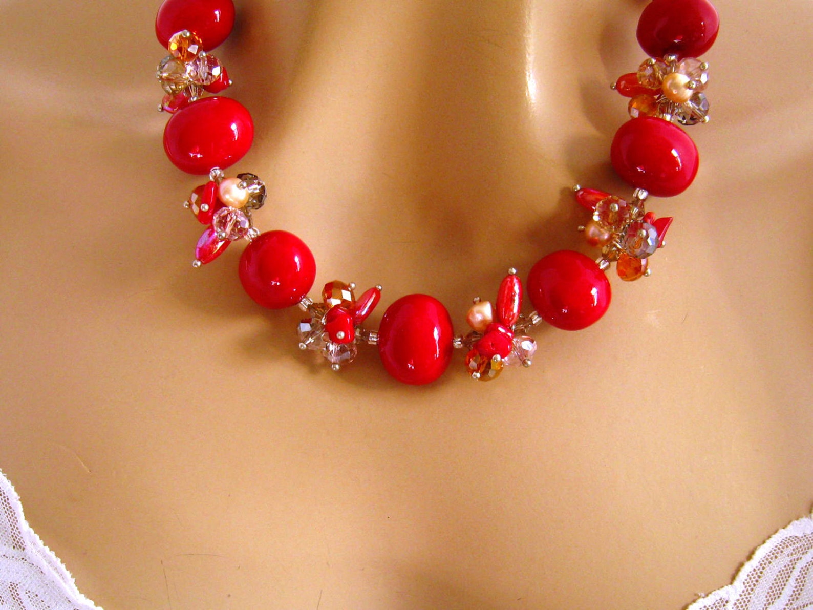 Red Statement Necklace and Earrings Set, Red Special Occasion Jewelry ...