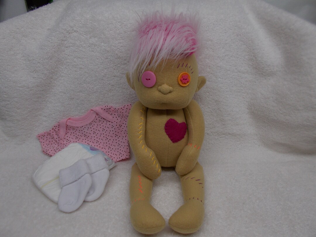 OOAK Rag Baby Girl W/ Mohawk Cloth Doll Handmade Hot Pink Mongolian ...